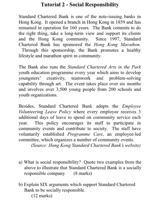Solved Tutorial 2 - Social Responsibility Standard Chartered | Chegg.com