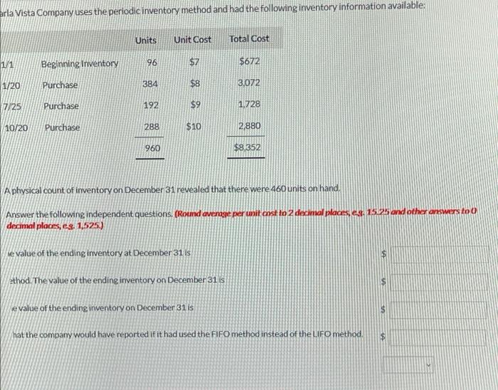 Solved Carla Vista Company uses the periodic inventory | Chegg.com