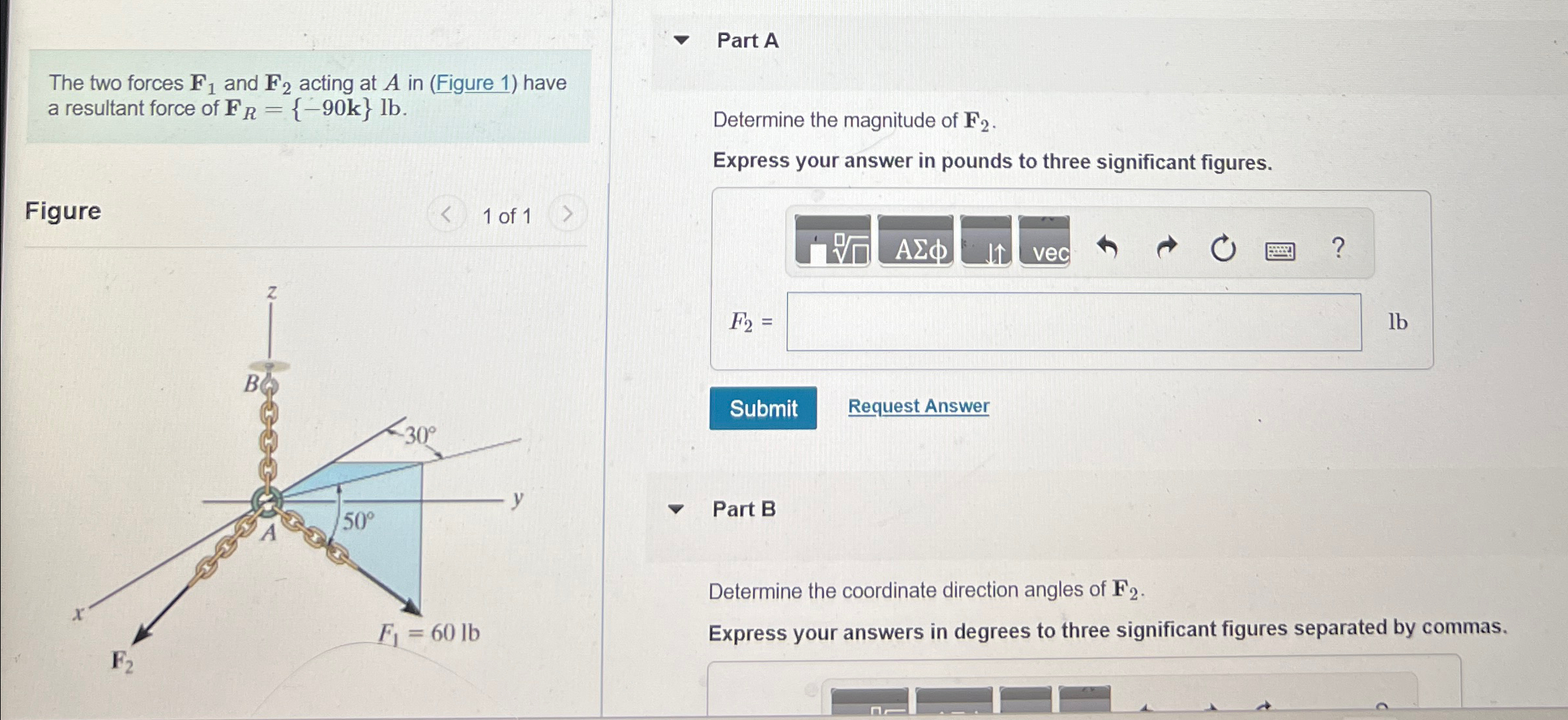 Solved The two forces F1 ﻿and F2 ﻿acting at A ﻿in (Figure 1) | Chegg.com