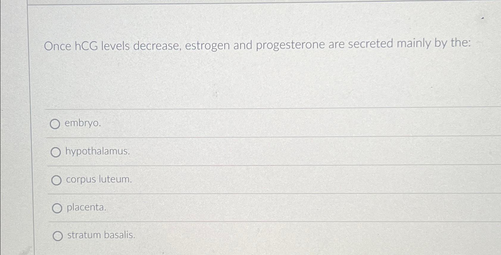 Solved Once hCG levels decrease, estrogen and progesterone | Chegg.com