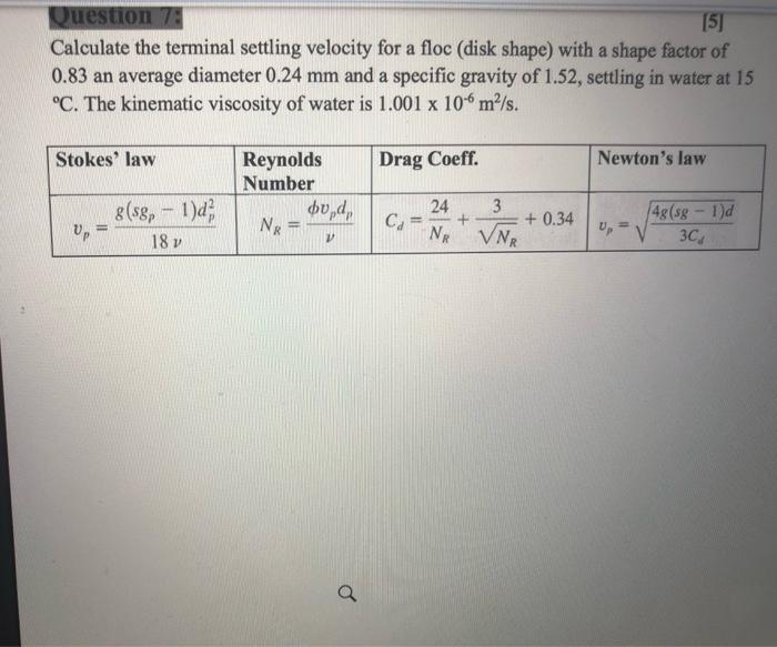 Solved Question 7 [5] Calculate the terminal settling | Chegg.com