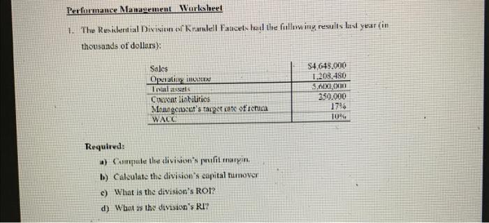 Solved Performance Management Worksheet 1. The Residential | Chegg.com