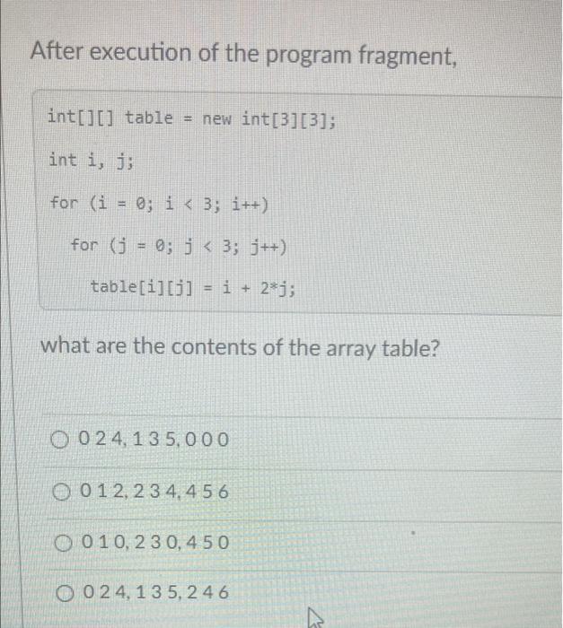 Solved After execution of the program fragment, int[][] | Chegg.com
