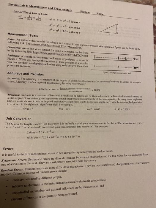 Physics Lab 1: Measurement and Error Analysis | Chegg.com