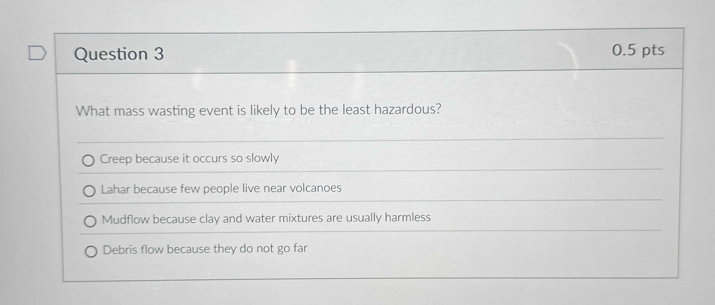 Solved Question 30.5 ﻿ptsWhat mass wasting event is likely | Chegg.com