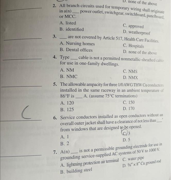 Solved 2. All branch circuits used for temporary wiring | Chegg.com