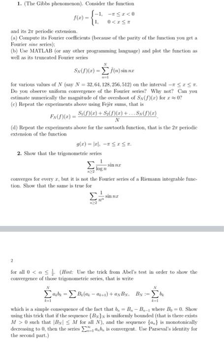 Solved 1. (The Gibbs phenomenon). Consider the function f(x) | Chegg.com