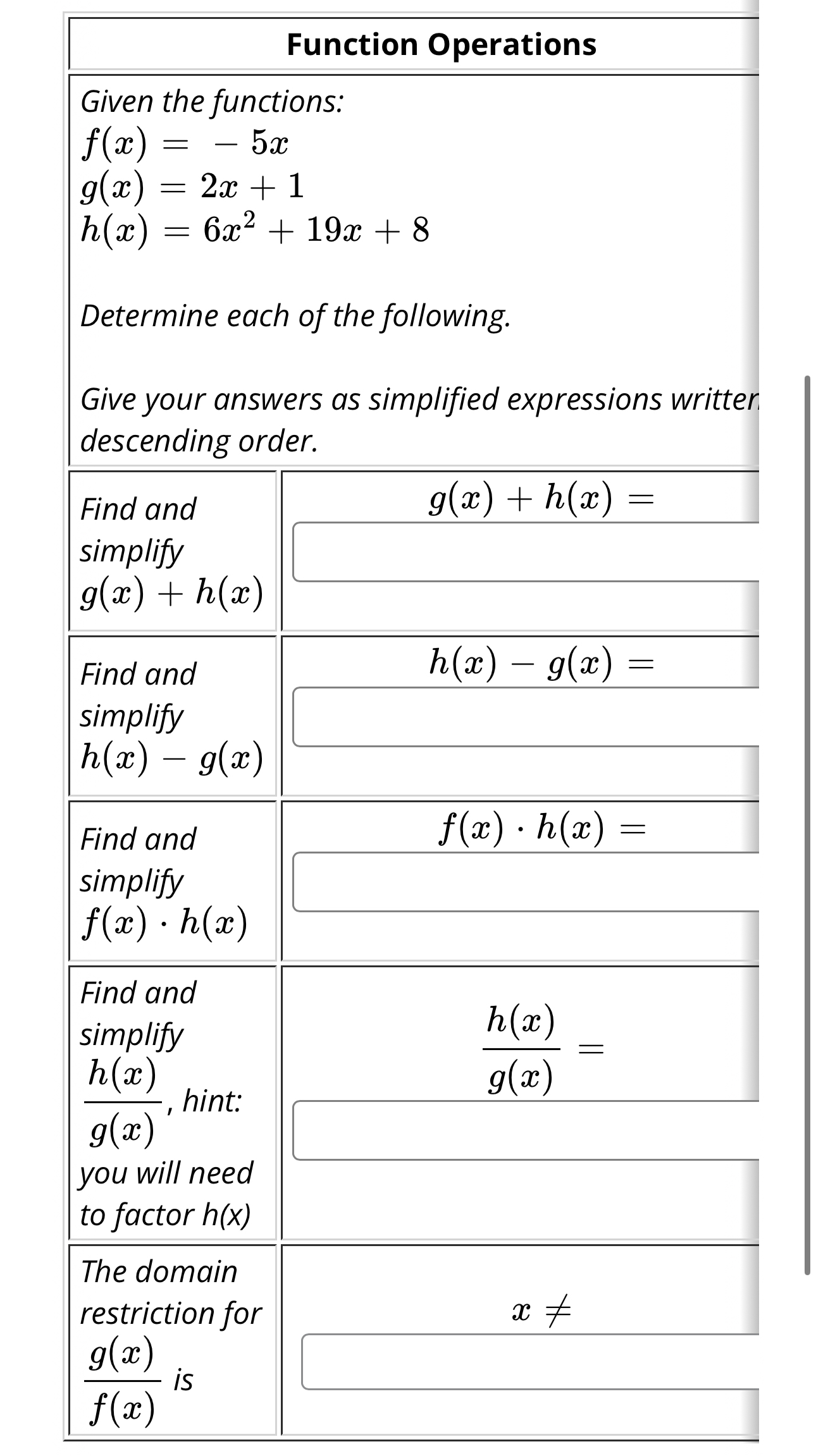 Solved Function Operations ﻿Given the functions: | Chegg.com