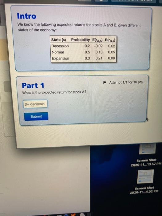 Solved Intro We know the following expected returns for | Chegg.com