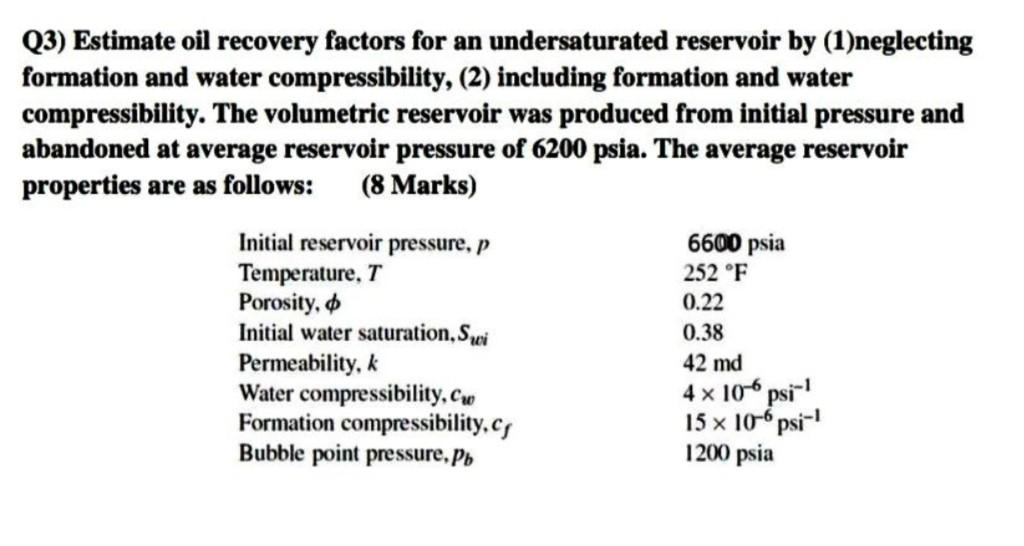 Solved (3) Estimate oil recovery factors for an | Chegg.com