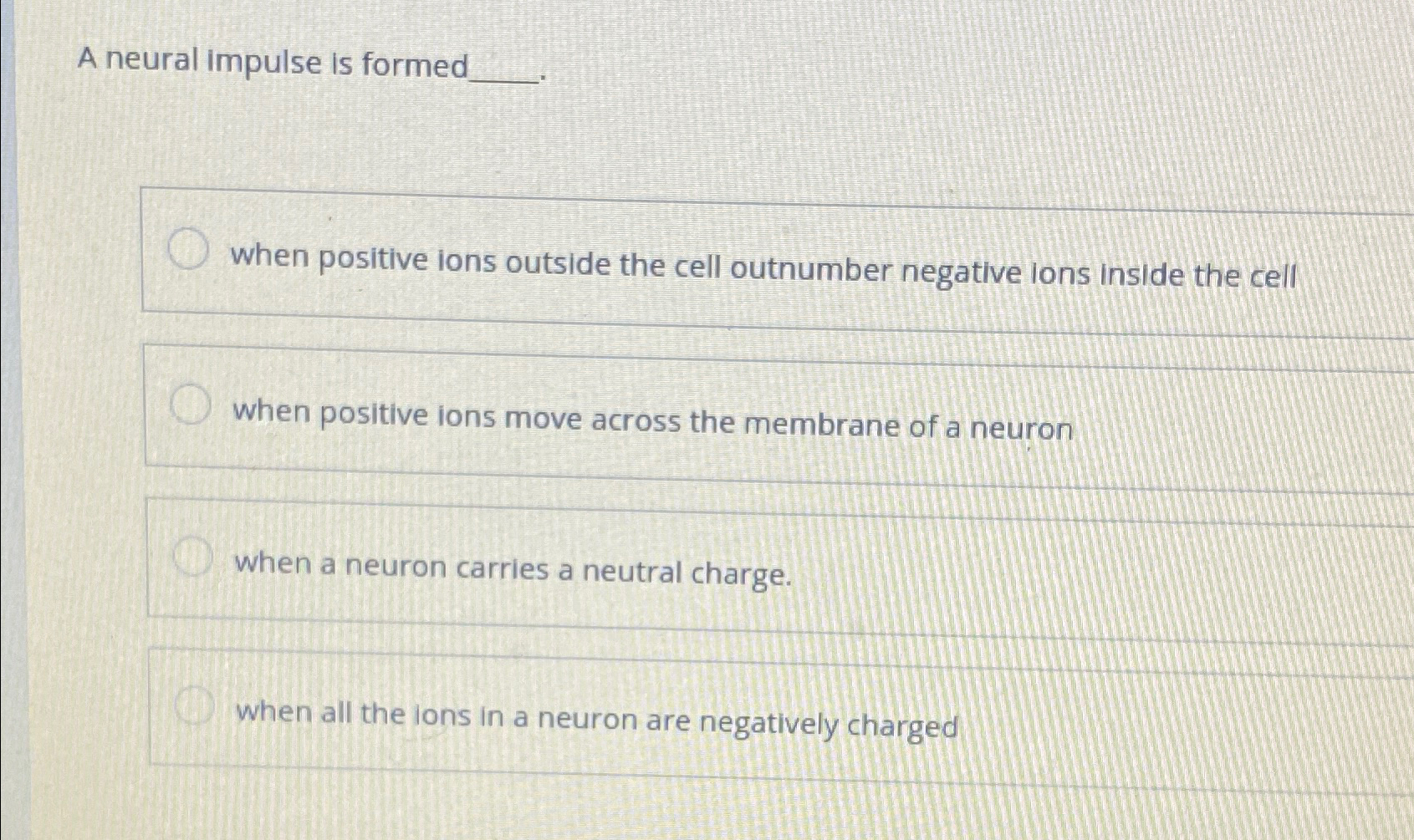Solved A neural impulse is formecwhen positive ions outside | Chegg.com