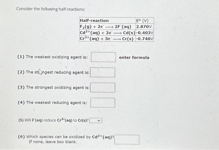 Solved Consider the following half-reactions: Half-reaction | Chegg.com