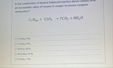 Solved In the combustion of hexane (balanced reaction shown | Chegg.com