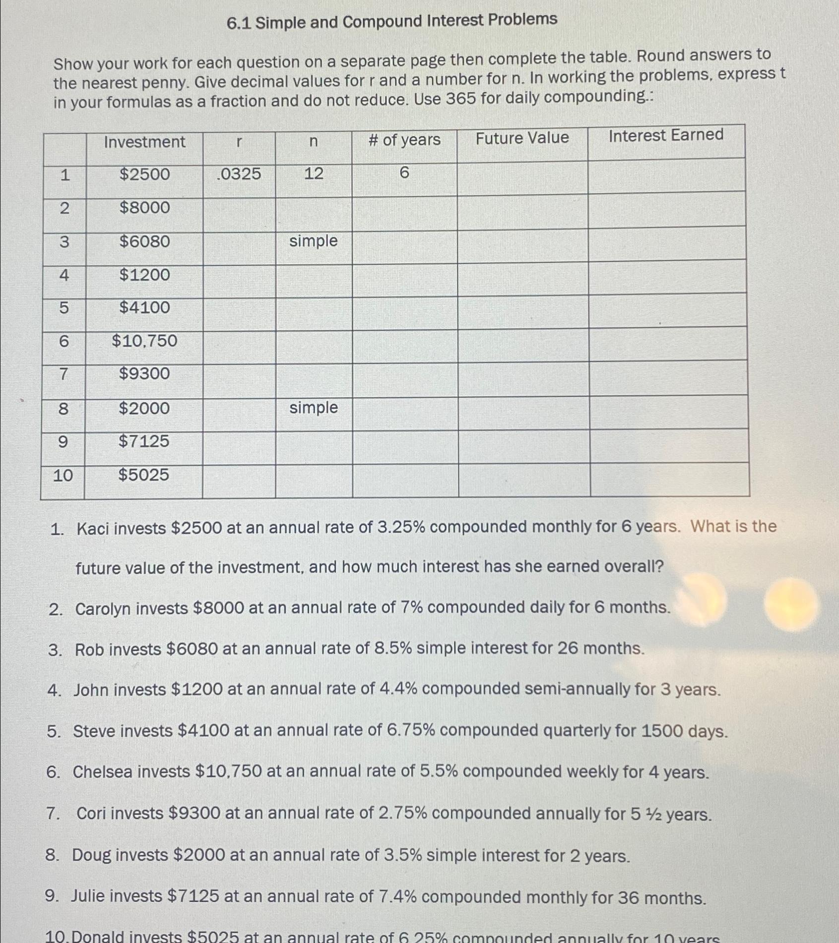 Solved 6.1 ﻿Simple and Compound Interest ProblemsShow your | Chegg.com