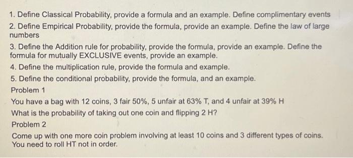 Solved 1. Define Classical Probability, provide a formula | Chegg.com
