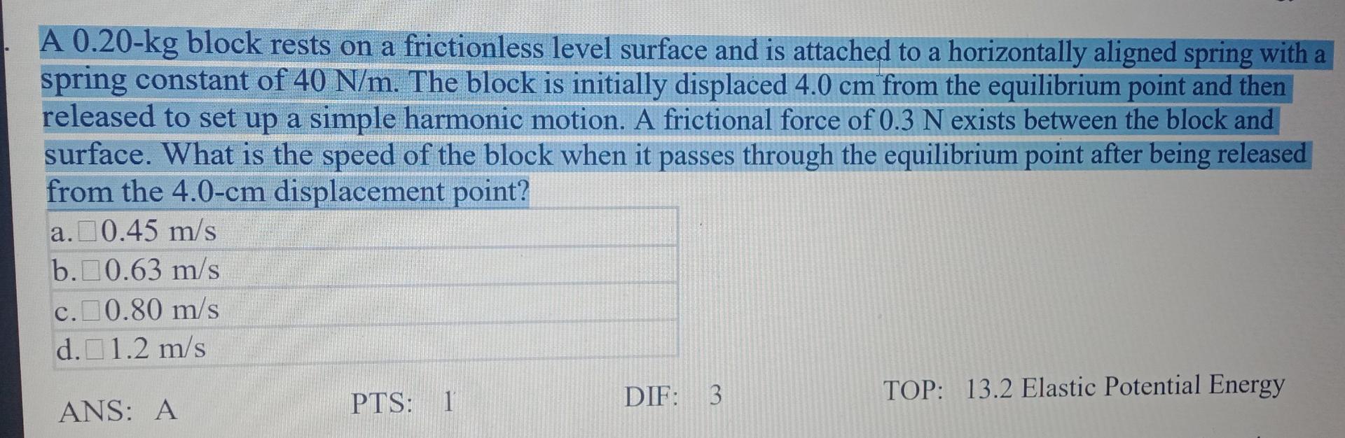 Solved A 0.20-kg block rests on a frictionless level surface | Chegg.com