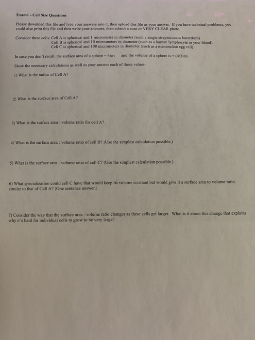 Solved Exami-Cell Size Questions Please download this file | Chegg.com