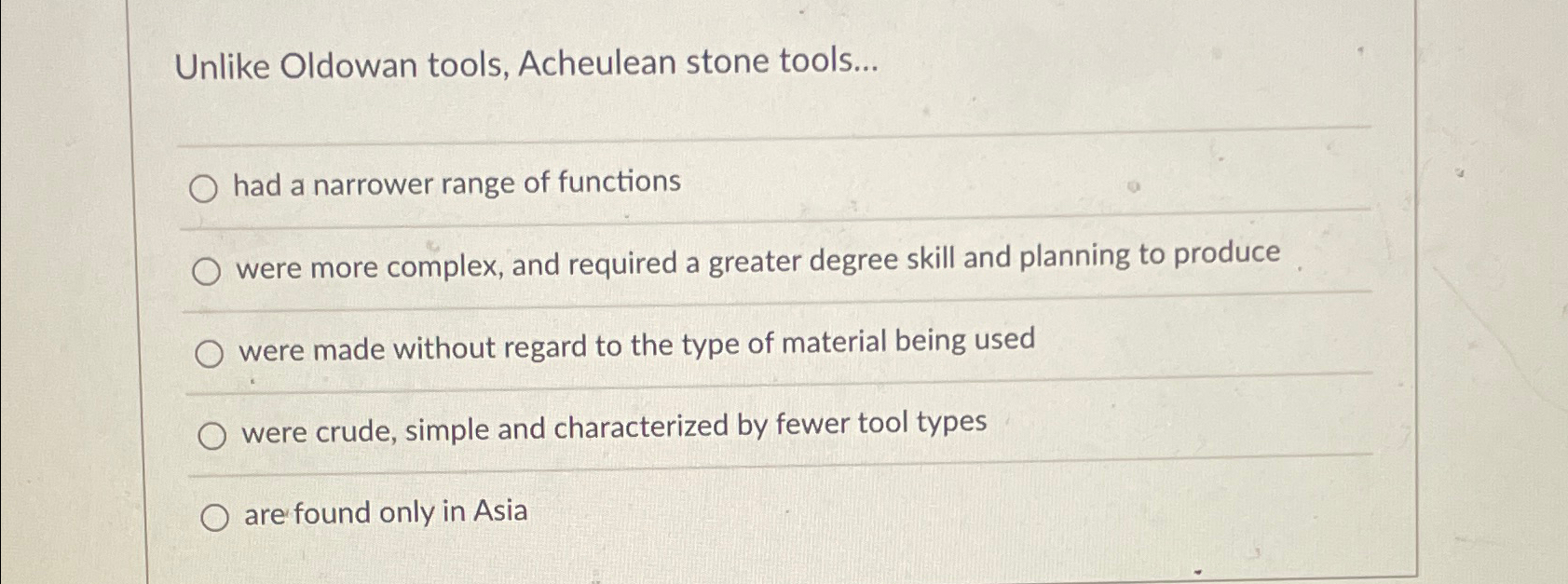 Solved Unlike Oldowan tools, Acheulean stone tools...had a | Chegg.com