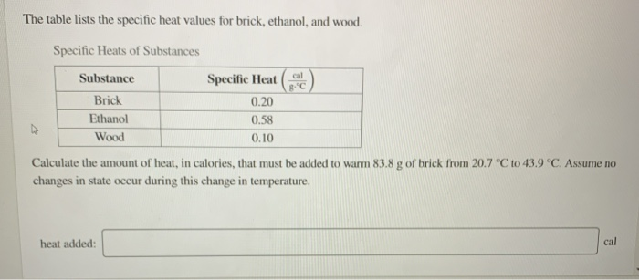 Solved The table lists the specific heat values for brick, | Chegg.com