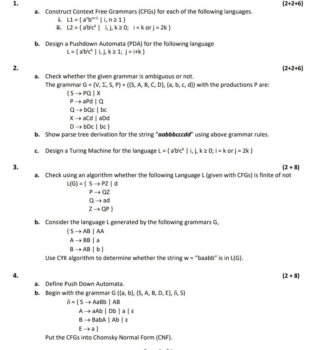 Solved 1. (2+2+6) a. Construct Context Free Grammars (CFGs) | Chegg.com