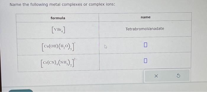Solved Name the following metal complexes or complex ions: | Chegg.com