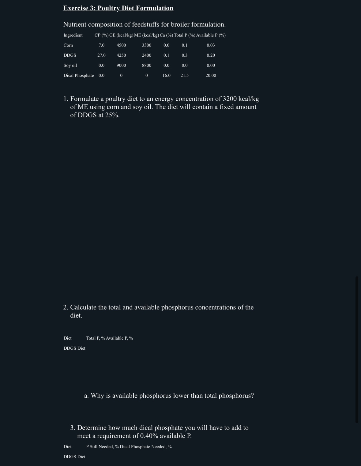 Solved Exercise 3: Poultry Diet FormulationNutrient | Chegg.com
