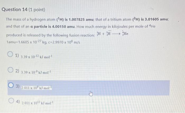 Solved The mass of a hydrogen atom (1H) is 1.007825amu; that | Chegg.com