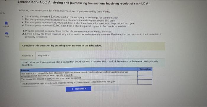 Solved Exercise 2.16 (Algo) Analyzing and journalizing | Chegg.com