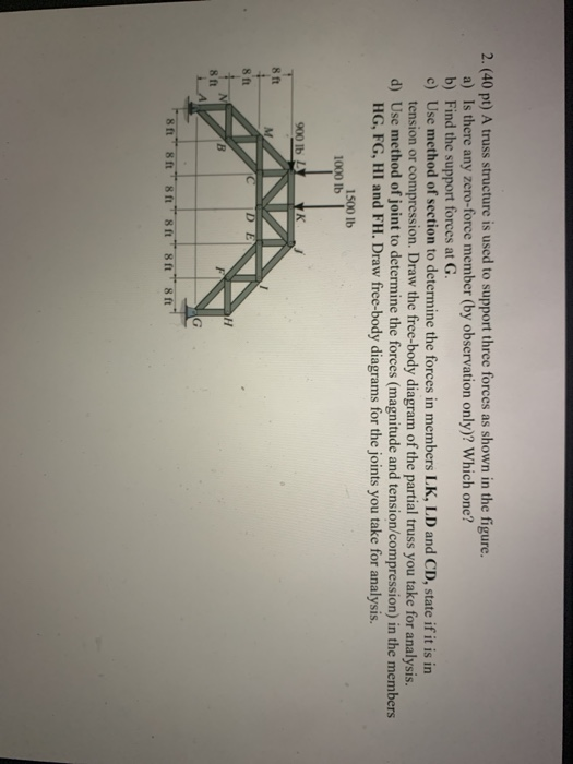Solved 2. (40 pt) A truss structure is used to support three | Chegg.com