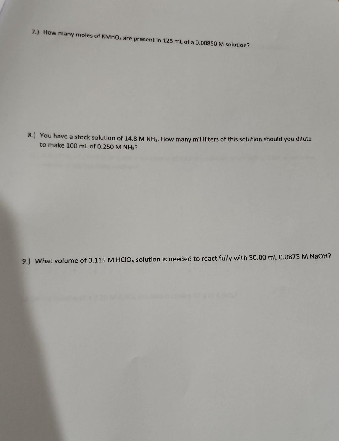 Solved 7.) How many moles of KMnO4 are present in 125 mL of | Chegg.com
