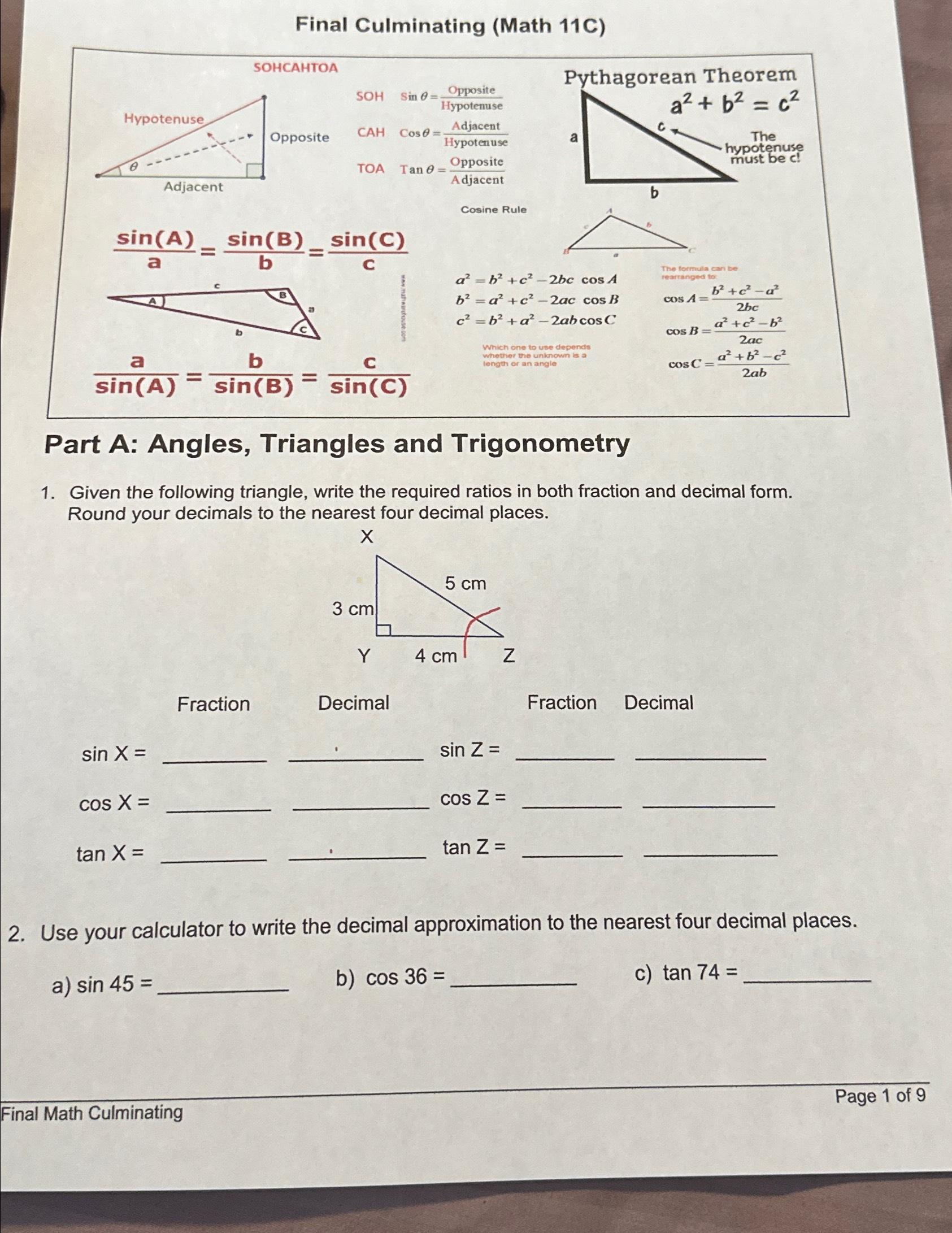 Solved Final Culminating (Math 11C)Part A: Angles, Triangles | Chegg.com