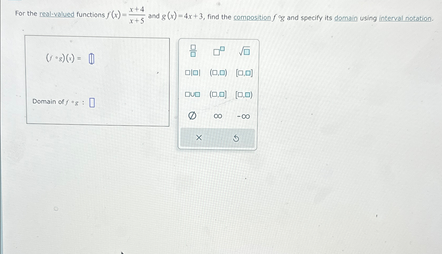 Solved For the real-valued functions f(x)=x+4x+5 ﻿and | Chegg.com