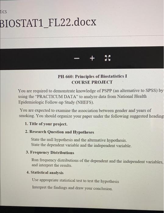 PH-660: Principles of Biostatistics I COURSE PROJECT | Chegg.com