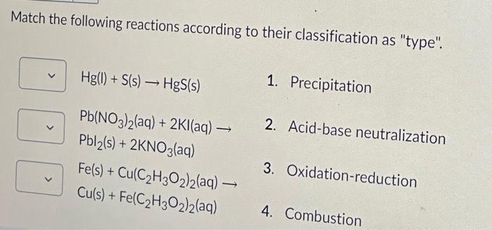 Solved Match the following reactions according to their | Chegg.com