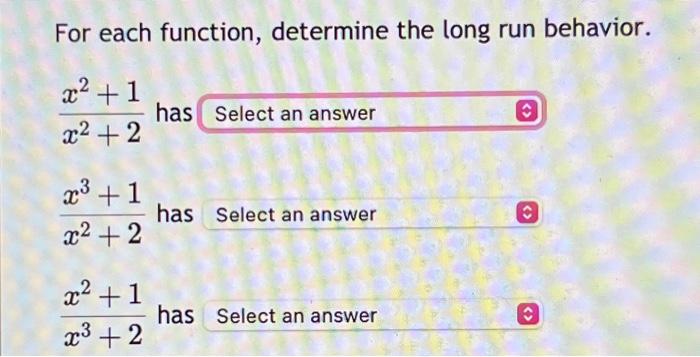 Solved For each function, determine the long run behavior. | Chegg.com