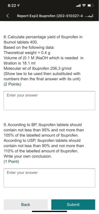 Solved 8:22 Report Exp3 Ibuprofen (202-510327-4 .. 8. | Chegg.com