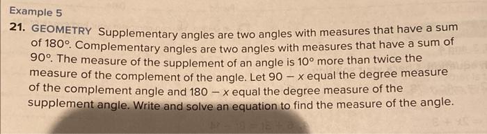 Solved Example 5 21. GEOMETRY Supplementary angles are two | Chegg.com