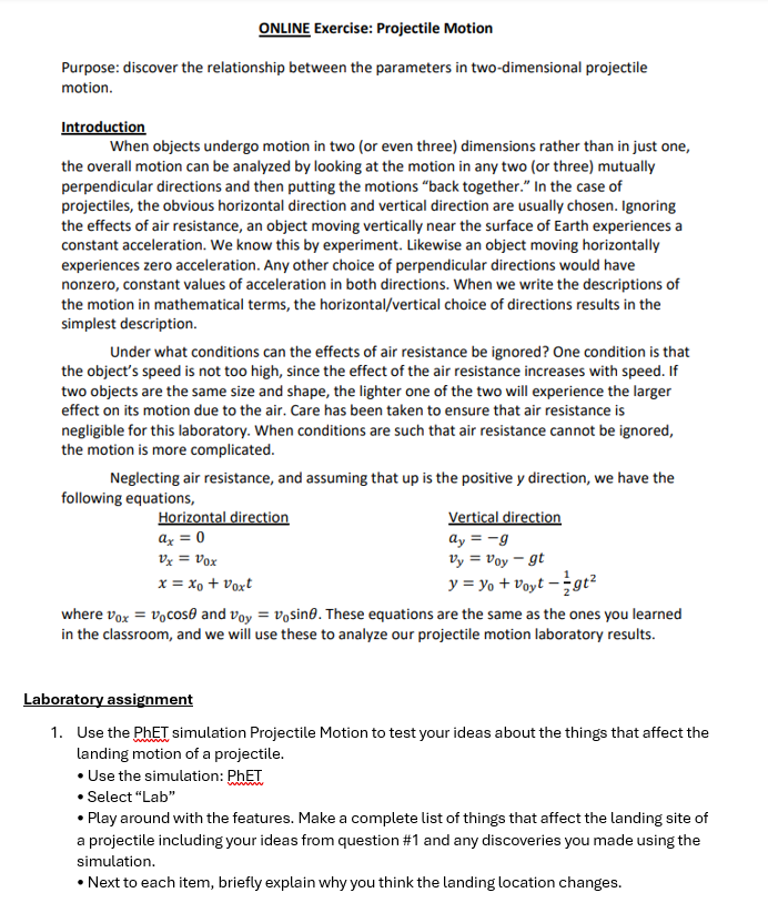 Solved ONLINE Exercise: Projectile MotionPurpose: discover | Chegg.com