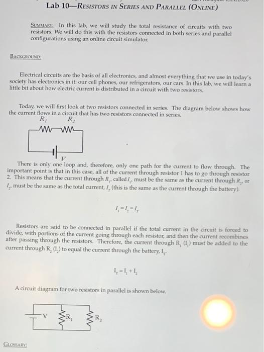 Lab 10-RESISTORS IN SERIES AND PARALLEL (ONLINE) | Chegg.com
