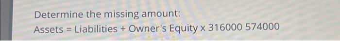 Solved Determine the missing amount: Assets = Liabilities + | Chegg.com