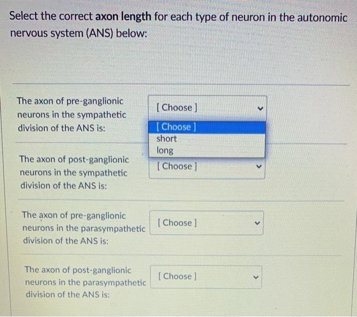 Solved Select the correct axon length for each type of | Chegg.com