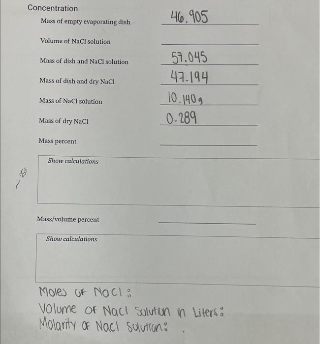 Solved Mass/volume percent Show calculations Moles of NaCl : | Chegg.com