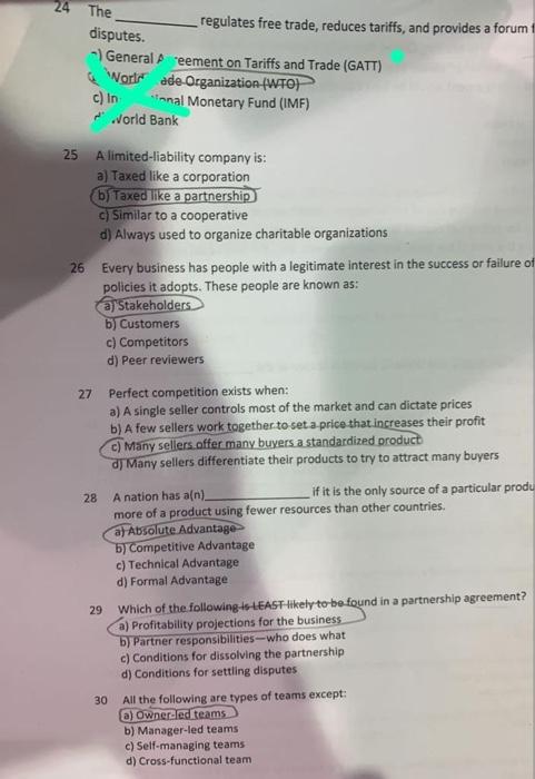 Solved 24 The regulates free trade, reduces tariffs, and | Chegg.com