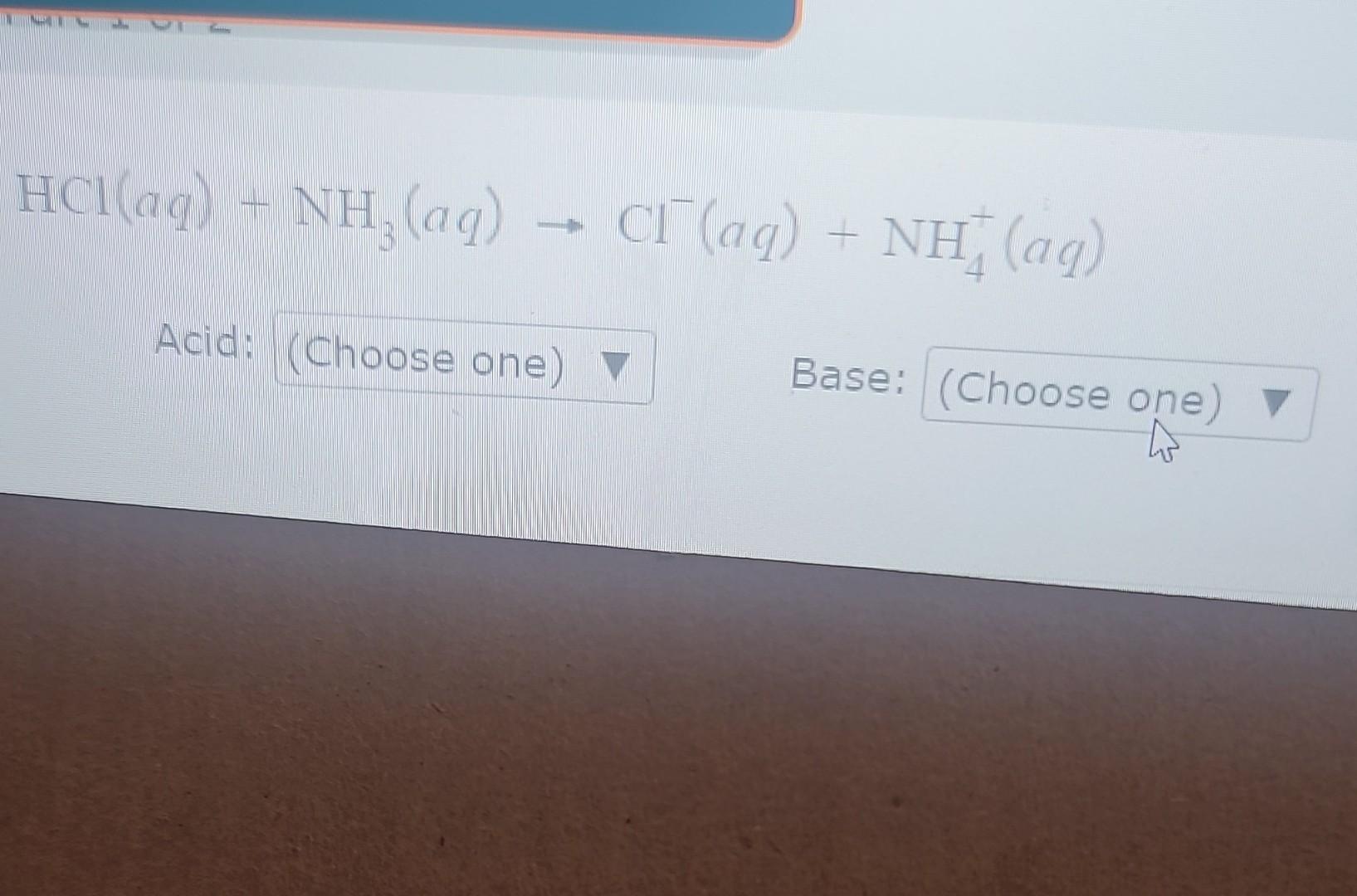 Solved HCl(aq)+NH3(aq)→Cl−(aq)+NH4+(aq) | Chegg.com