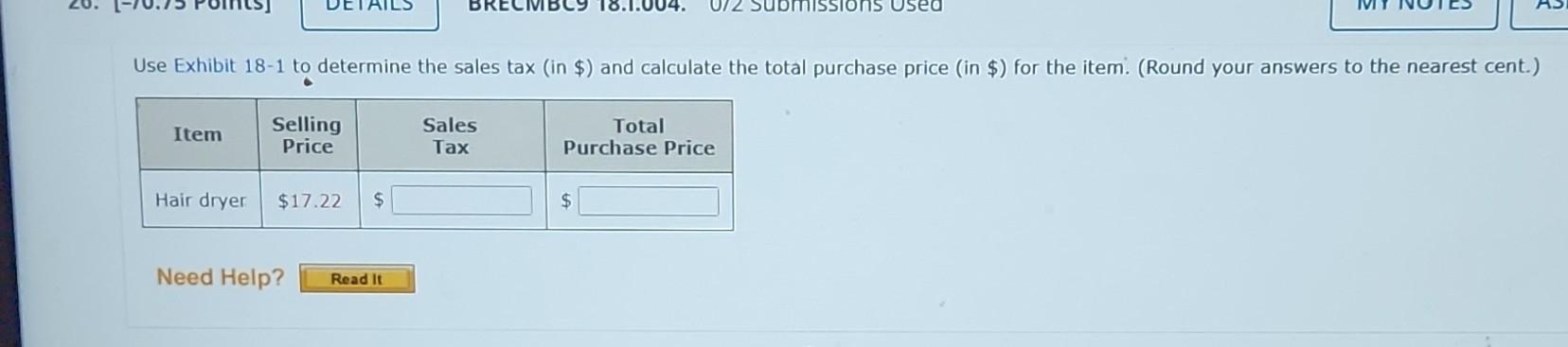 Use Exhibit 18-1 to determine the sales tax (in \$) | Chegg.com