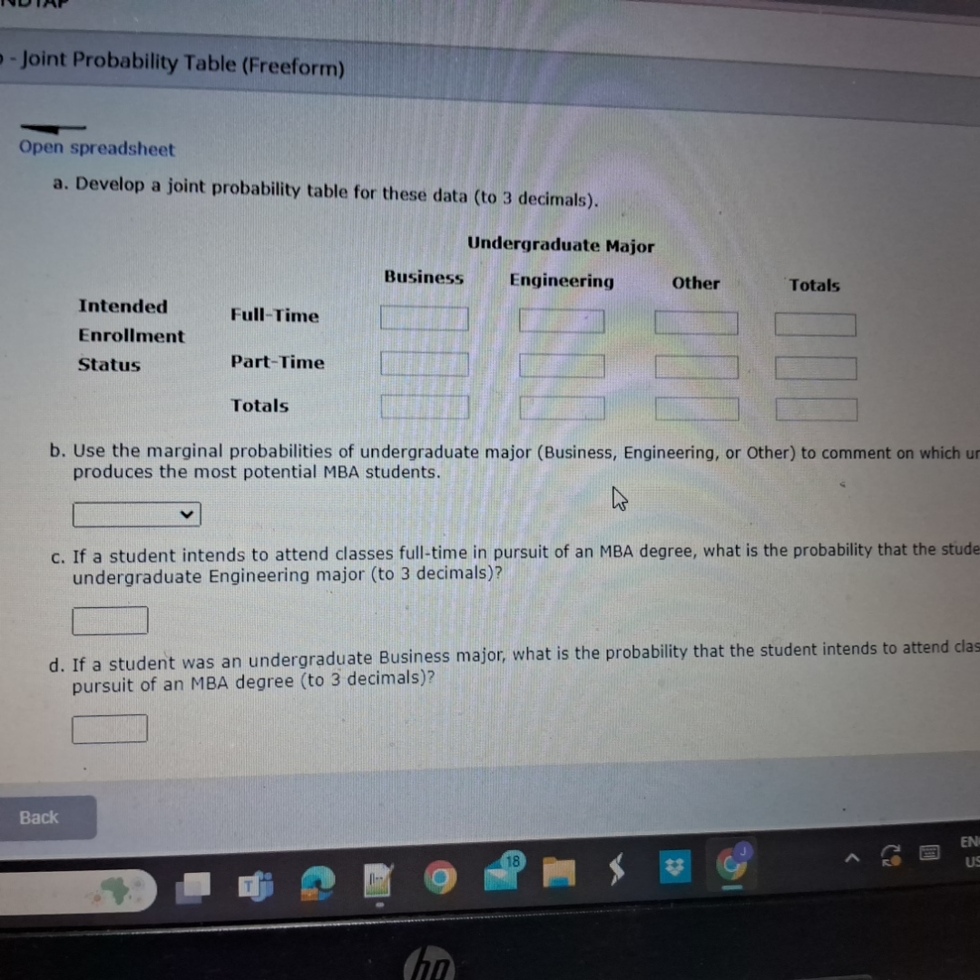 Solved Joint Probability Table (Freeform)Open spreadsheeta. | Chegg.com
