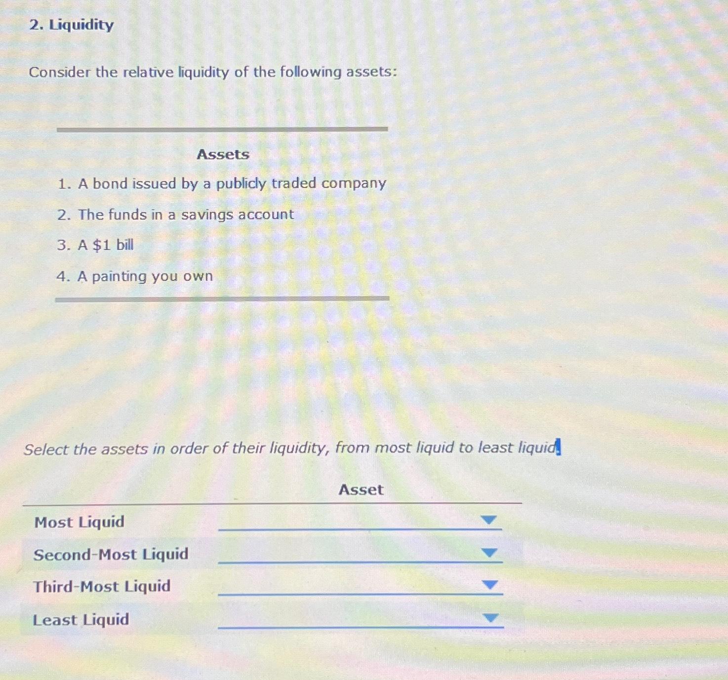 Solved LiquidityConsider the relative liquidity of the | Chegg.com
