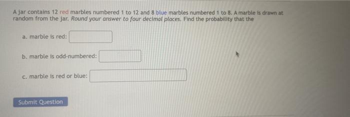 Solved A jar contains 12 red marbles numbered 1 to 12 and 8 | Chegg.com