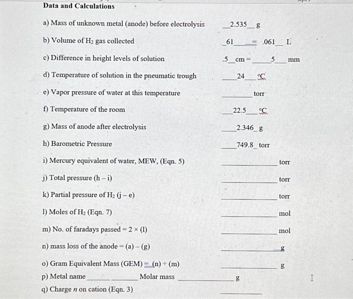 Solved a) Mass of unknown metal (anode) before electrolysis | Chegg.com