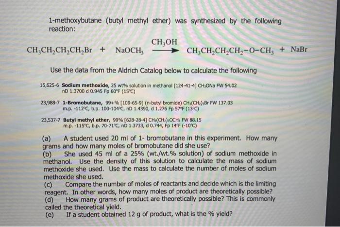 Solved 1-methoxybutane (butyl methyl ether) was synthesized | Chegg.com